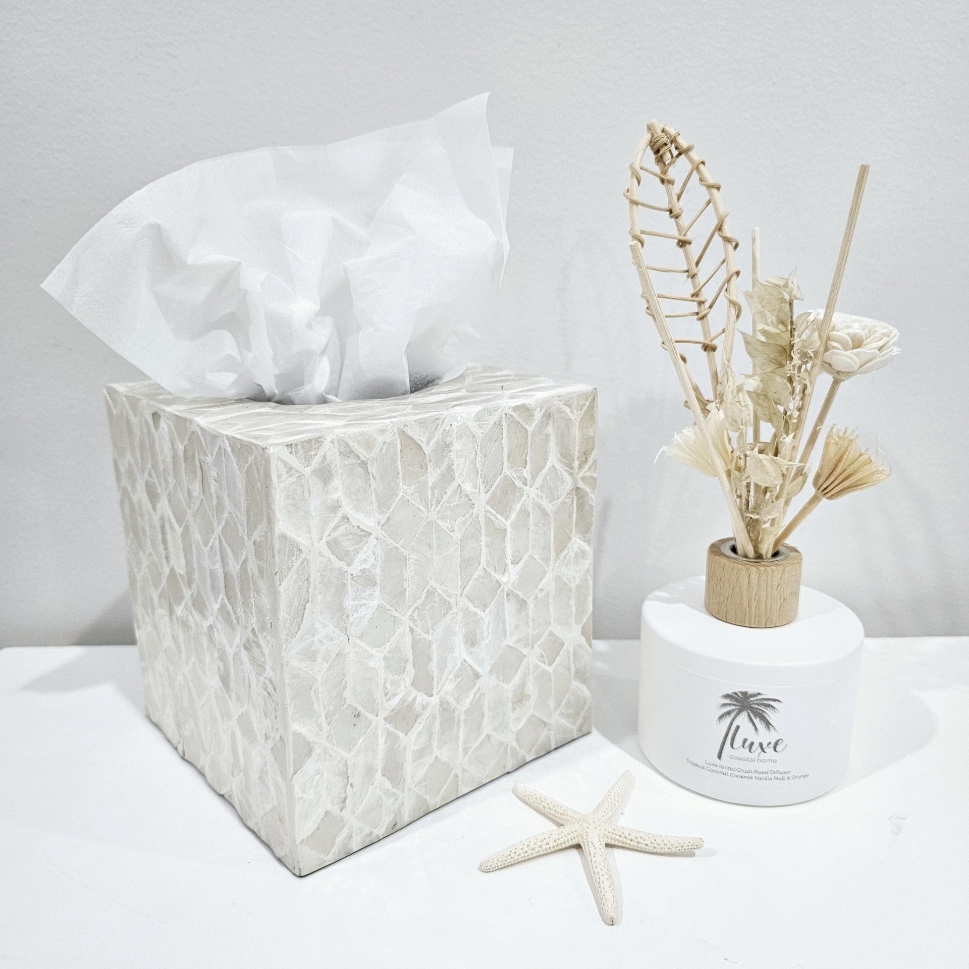 Ivory Shell Inlay Square Tissue Box - Luxe Coastal Home