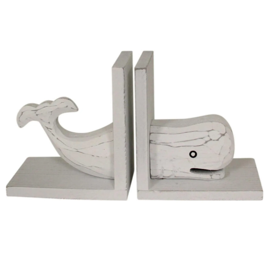 White Wooden Whale Coastal Bookends - Luxe Coastal Home